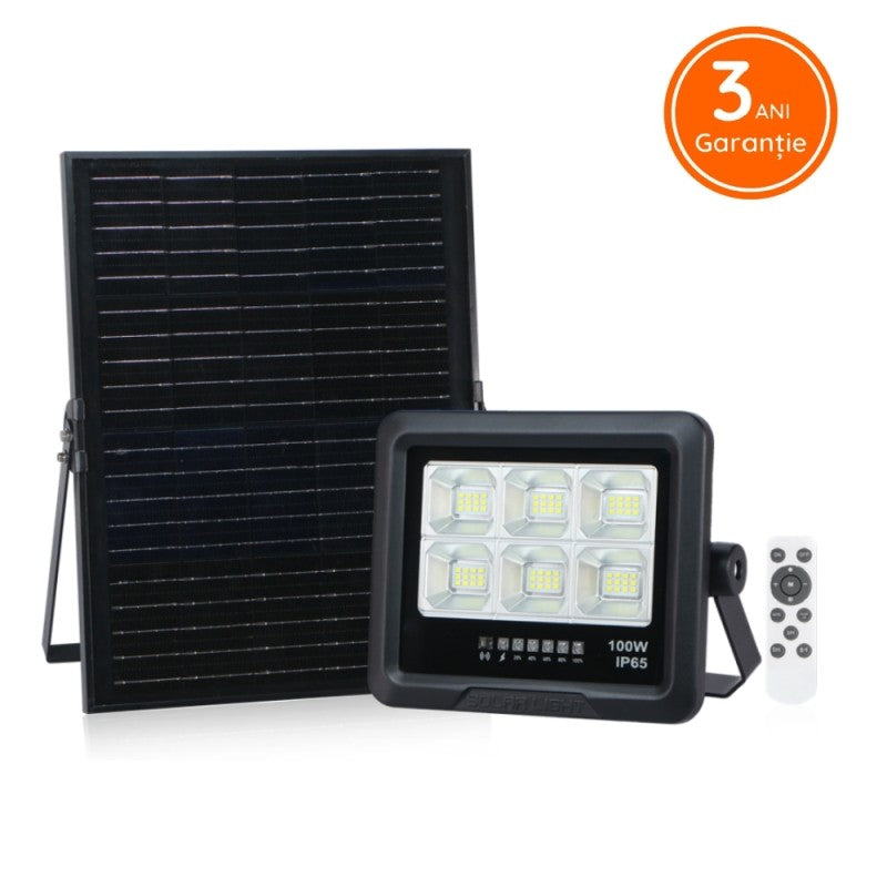 Proiector LED 100W PREMIUM cu Panou Solar Monocristaline plus telecoma